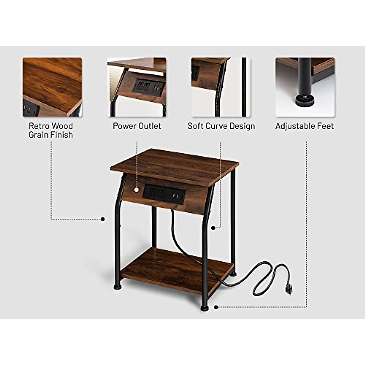 Labcosi 18.9” Tall Side Tables, Rustic End Tables for Living Room and Bedroom, Nightstand with Charging Station, Small Furniture with USB Ports and Outlets, Rustic Oak Color