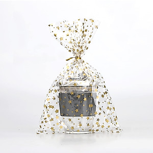 COQOFA 100 Pcs Star Printed 7"X 12" Gift Wrap Cello Cellophane Treat Bags Party Favor bags Clear Candy Cookie Bags Plastic Poly Goodie Storage Bags with Twist Ties for Bakery,Birthday, Wedding ,Party Decorations (Gold)