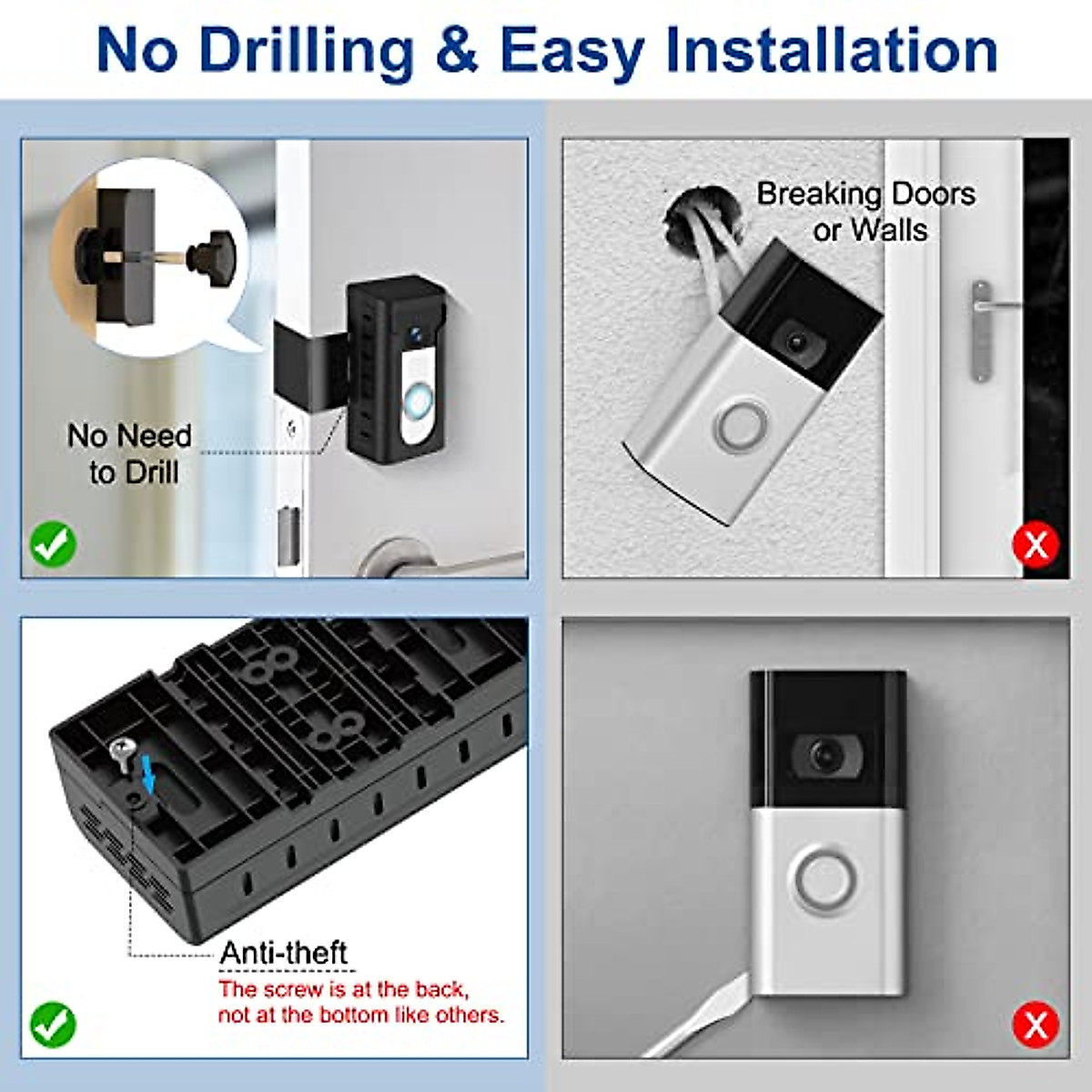 Liwin Anti-Theft Video Doorbell Mounts Compatible with Video Doorbell 1/2/3/3 Plus/4, Adjustable No Need to Drill Mounting Bracket Cover Adapter Holder Accessories for Home, Apartment, Office