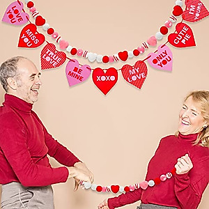 2 Pieces Valentines Day Felt Balls Banner Conversation Candy Hearts Banner Felt Pom Pom Garland Valentines Heart Sayings Garland for Valentines Party Wedding Birthday Decorations