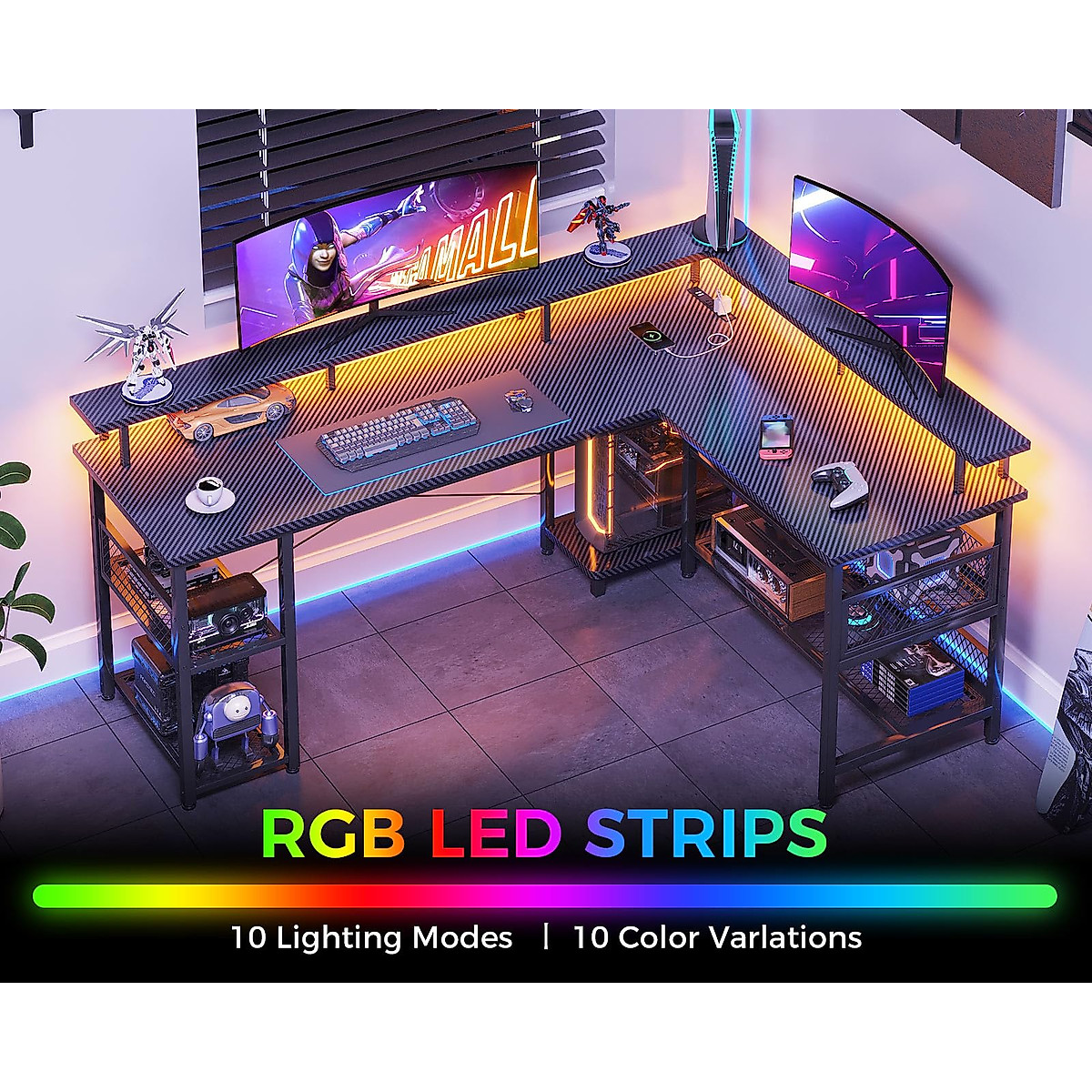 ODK 66" L Shaped Gaming Desk with Power Outlet and LED Lights, PC Gaming Table with Carbon Fiber Texture, Reversible L Shape Desk with Storage Shelves & Monitor Stand, Home Office Desk, Black