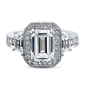 BERRICLE Sterling Silver Halo Wedding Engagement Rings Emerald Cut Cubic Zirconia CZ Statement Ring for Women, Rhodium Plated Size 9