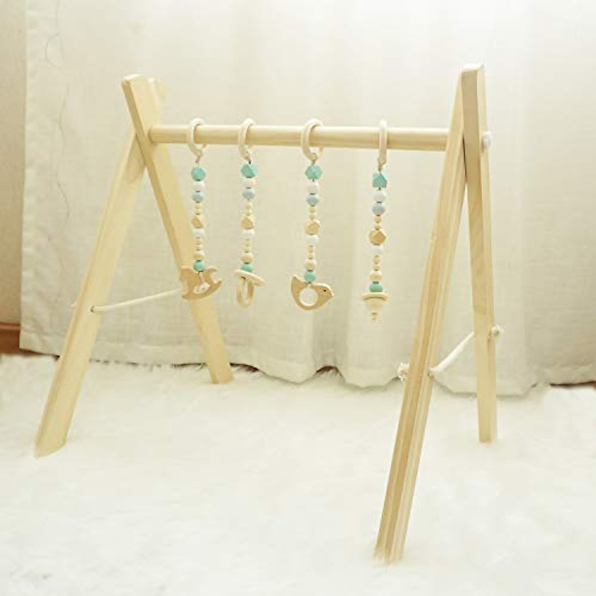 Cynzia Baby Play Gym, Wooden Baby Gym with 4 Infant Toys, Foldable Wood Gyms Frame Hanging Bar for Toddler, Newborn, Baby Girls and Boys Shower Gift Play Toys