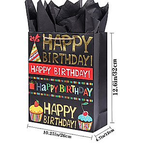 Jaywayang 12.6" Large Happy Birthday Gift Bag with Card and Tissue Paper (Black)