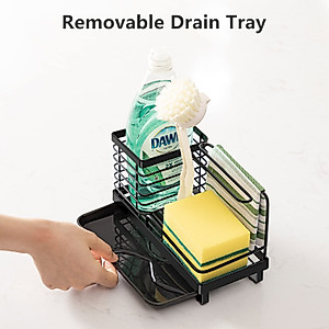 Oyydecor Sink Caddy, Sponge Holder for Kitchen Sink Organizer, 304 Stainless Steel Rustproof Countertop Sponge Brush Soap Holder with Drain Pan for Counter (Black)