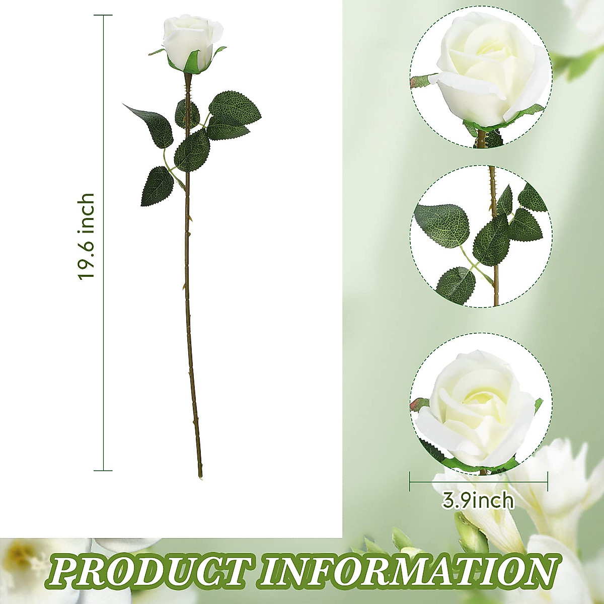 Hoteam 40 Pcs Artificial Roses Flowers Realistic Silk Roses Bouquet with Long Stem Roses Valentine‘s Day Fake Roses Bouquet for Wedding Centerpieces Bridal Shower Party Decor(White)