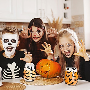 Whaline Halloween Wine Glasses Set of 2 Bat Stemless Wine Glasses 15 Oz Halloween Party Drinking Glasses for Trick or Treat Birthday Party