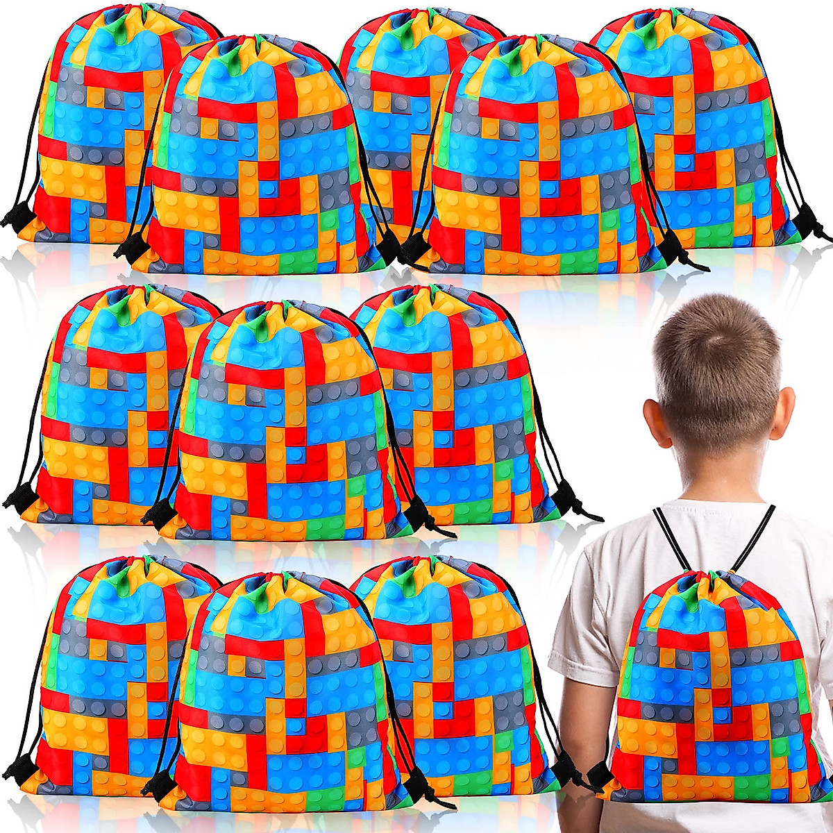 12PCS Building Blocks Drawstring Gift Bags,Building Blocks Drawstring Backpack Party Favor Bags,Kids Birthday Goodie Bags Candy Treat Gift Bags for Boys Girls Building Blocks Party Supplies,10x12 inch