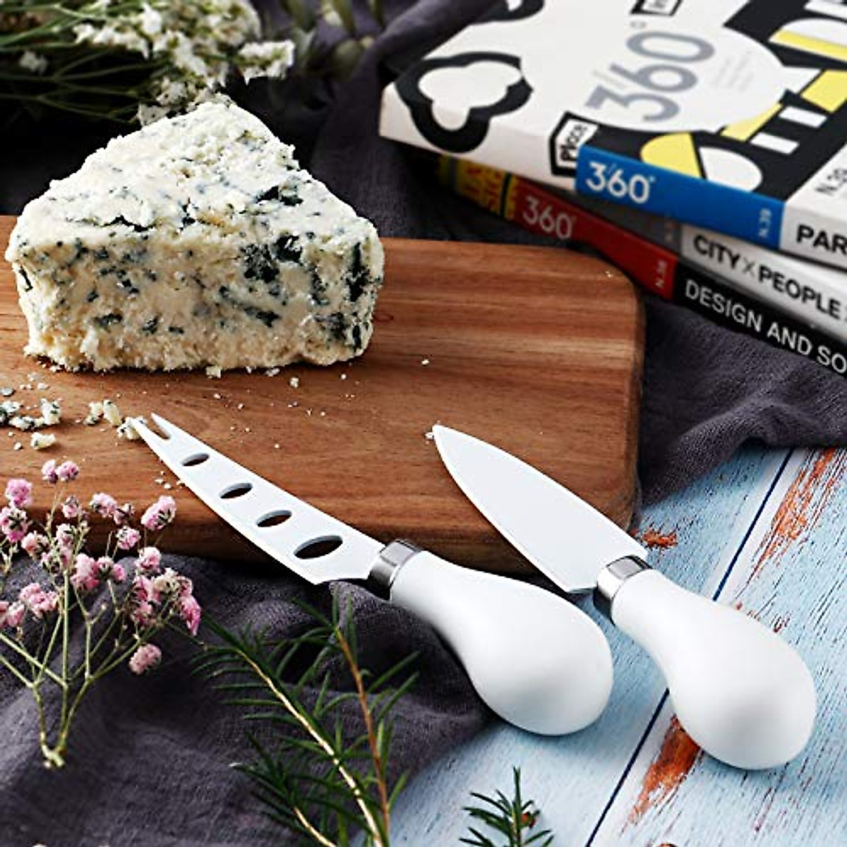 hecef Cheese Knife Set of 4, Non-Stick Coated Gift Set for Christmas, Anniversary, Party, Housewarming, Picnic, Birthdays, Wedding(White)
