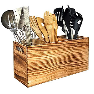 CB Accessories Utensil Holder in Rustic Wood for Farmhouse Kitchen Decor, Countertop Organizer and Cooking Tools Storage (Triple)