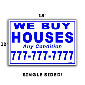 100 12"x18" Yard Signs Custom We Buy Houses Bandit Sign Waterproof Plastic Add Your Number (Blue)