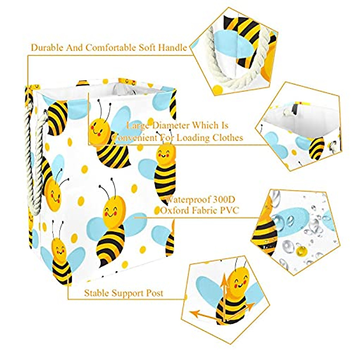 Cute Cartoon Funny Bee Laundry Basket Collapsible Rectangular Organizer Hamper For Unisex Adult, Teen Girls, Boys, Waterproof Storage Bins Kids Room