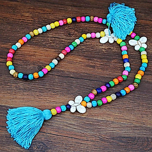FILOL New Women Tassel Wooden Beads Necklace Pendant Bohemian Chain Jewelry Accessory (Sky Blue)