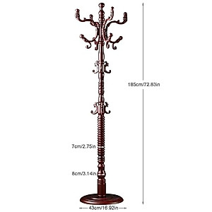 XIMSPHY Coat Rack Freestanding, Wooden Tree Coat Racks with Sturdy Round Base and 14 Hooks, Mahogany Vintage Coat Rack for Bedroom Living Room Office, for Hats Bags Coats, 185x43cm