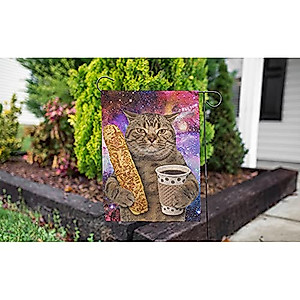Moslion Funny Cat Garden Flag Vertical Double Sided Kitten with Bread Coffee on Starry Sky Cute Animal House Flags Home Burlap Banners 12.5x18 Inch for Outdoor Decor Lawn