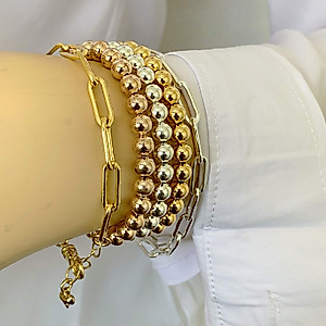GLBCC Gold Beaded Bracelet Set for Women Stack 14 K real Gold Plated Ball Bracelets Elastic String Bracelet 4 mm 5 mm 6mm Small Beads Friendship Bracelet for Men (gold)