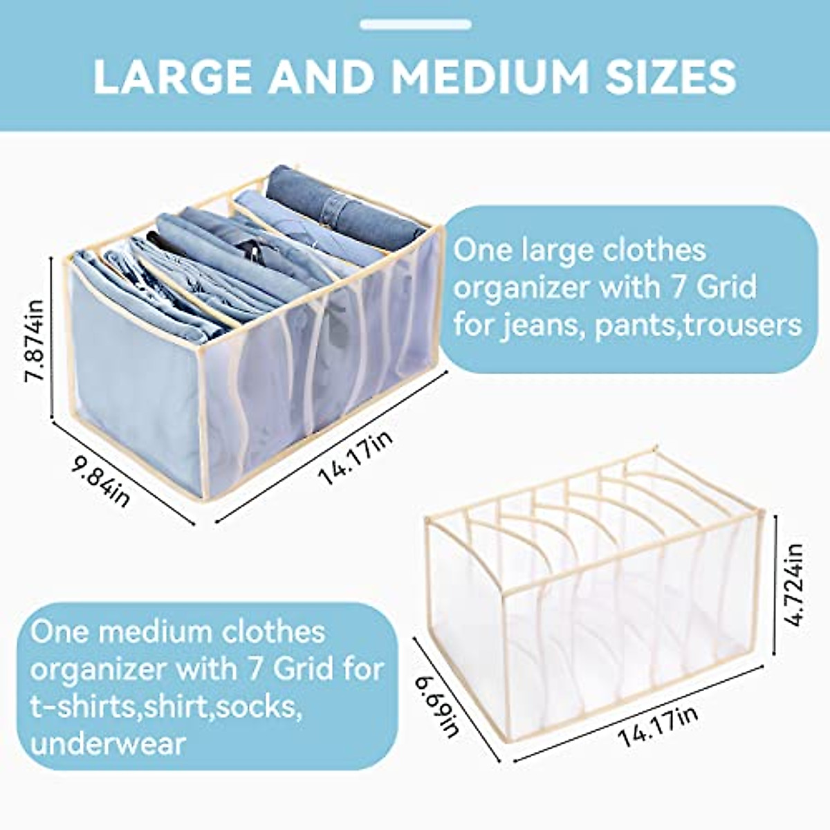 HIPTIS Wardrobe Clothes Organizer, 2PCS Closet Drawer Organizer for Closet, Mesh Clothes Storage Organizer 7Grids for Thin Jeans, T-shirts, Underwear, Socks, Scarves, Leggings, Skirts 1L+1M