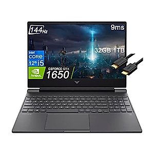 HP 2022 Victus 15t 15.6" FHD 144Hz IPS (Intel 12 th Gen i5-12450H, 32GB RAM, 1TB PCIe SSD, GeForce GTX 1650 4GB) Gaming Laptop, Backlit Keyboard, Type-C, WiFi 6, IST Cable, Win 11 Home