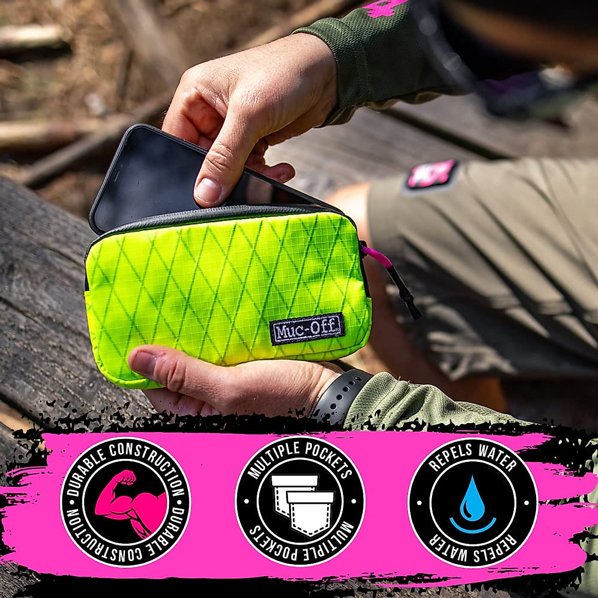 Muc-Off Rainproof Essentials Case, Hi-Vis - Bike Pouch, Cycling Phone Wallet with Zipper - Bike Accessories for Storing Phone and Bike Tools