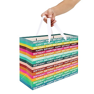 13" Large Gift Bag Set with Greeting Card and Tissue Papers (Colorful Stripes and Happy Birthday) for Women's or Men's, Boys, Girls, Baby Shower