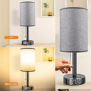 Gray Nightstand Light Lampshade 6ft Plug Extension Cord Dual USB Charging Port AC Outlet, Cylinder Desk Lamp Clock Charger Bedroom Home Dorm School Office Electric Adapter Socket Reading Work Study