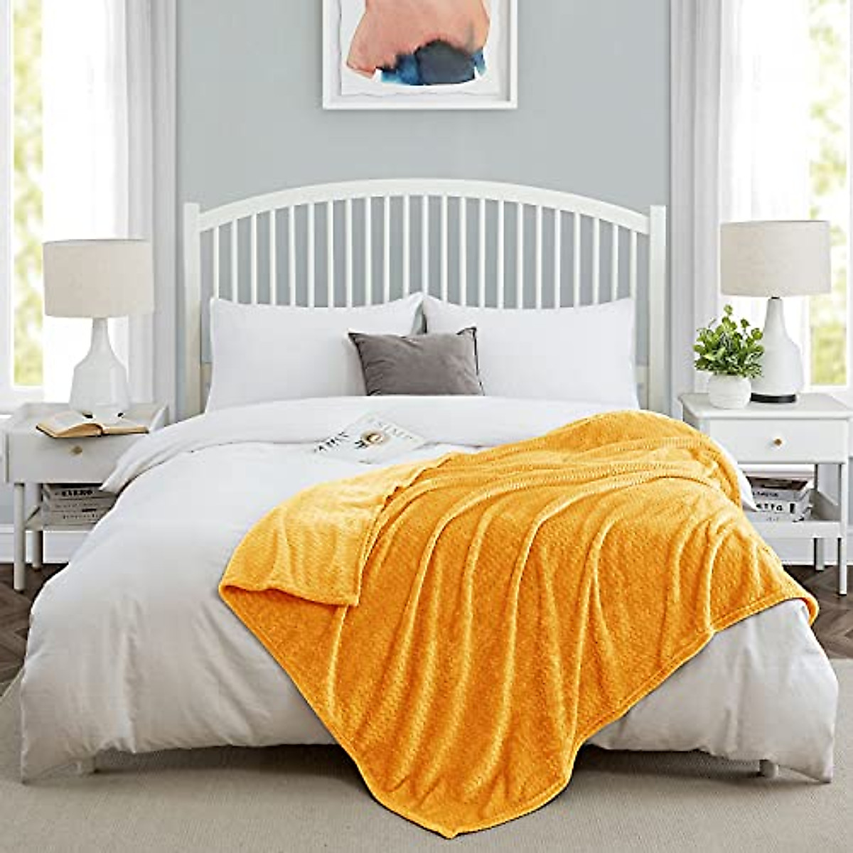 Whale Flotilla Fleece Throw Blanket for Couch with Plush Chevron Pattern, Decorative Soft Fluffy Throw Blanket for Sofa, Cozy and Lightweight, Mustard Yellow, 50x70 Inch
