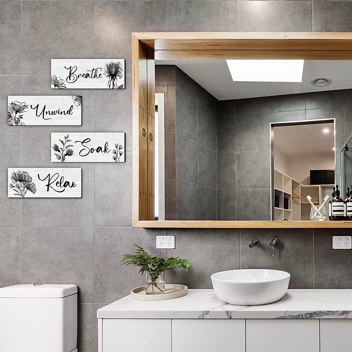 4 Pieces Bathroom Wall Art Rustic Farmhouse Decor Sign Relax Soak Unwind Breathe Wood Hanging Sign for Home Spa Bathroom Laundry Decor