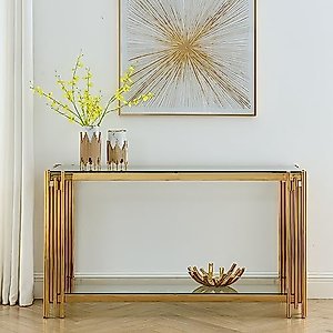 Modern Glass Console Table, 55" Gold Sofa Table with Sturdy Metal Frame and Clear Tempered Glass Top, for Living Room Entryway Bedroom, Gold Finish (Gold4)
