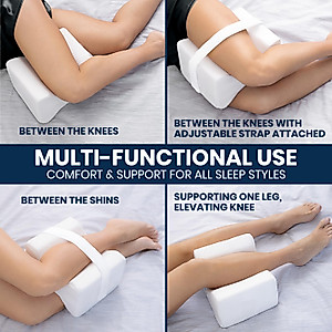Everlasting Comfort Knee Pillow for Side Sleepers - Contour Knee Wedge Pillow for Between Legs Aligns Spine & Relieves Pressure - Leg Pillow for Sleeping w/ Strap for Back Pain, Hip Pain, Knee Pain
