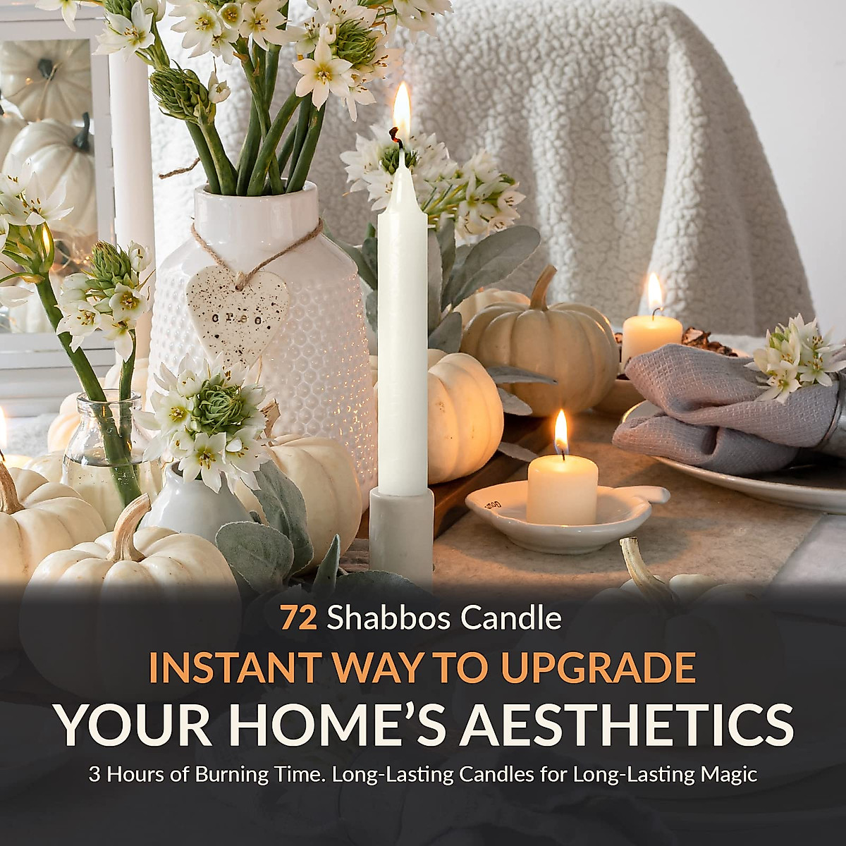 PAMI Traditional Shabbat Candle Sticks [72-Pack] - Unscented Taper Candles with 3 Hours Burning Time- Paraffin Shabbos Candles with Beautiful Flame- Tall Dinner Candles for Candlestick Holders