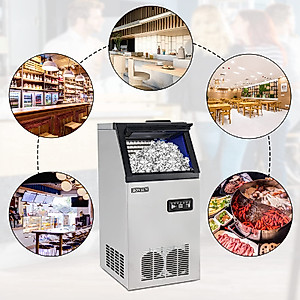 ROVSUN 150LBS/24H Commercial Ice Maker Machine with 2 Water Inlets, Freestanding Ice Machine with 24lbs Storage Bin, Ice Scoop & Water Filter for Home Office Restaurant Bar Cafe