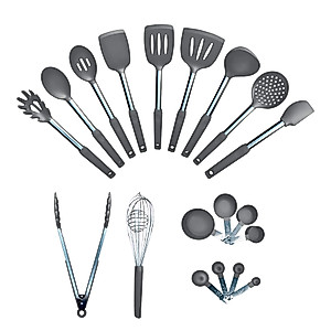 Home & Kitchen Essentials Cooking Utensils Set - Non Stick Silicone Kitchen Utensils Set - Stainless Steel Handles, Heat Resistant, BPA Free, and Dishwasher Safe (Gray, 19 Pieces)