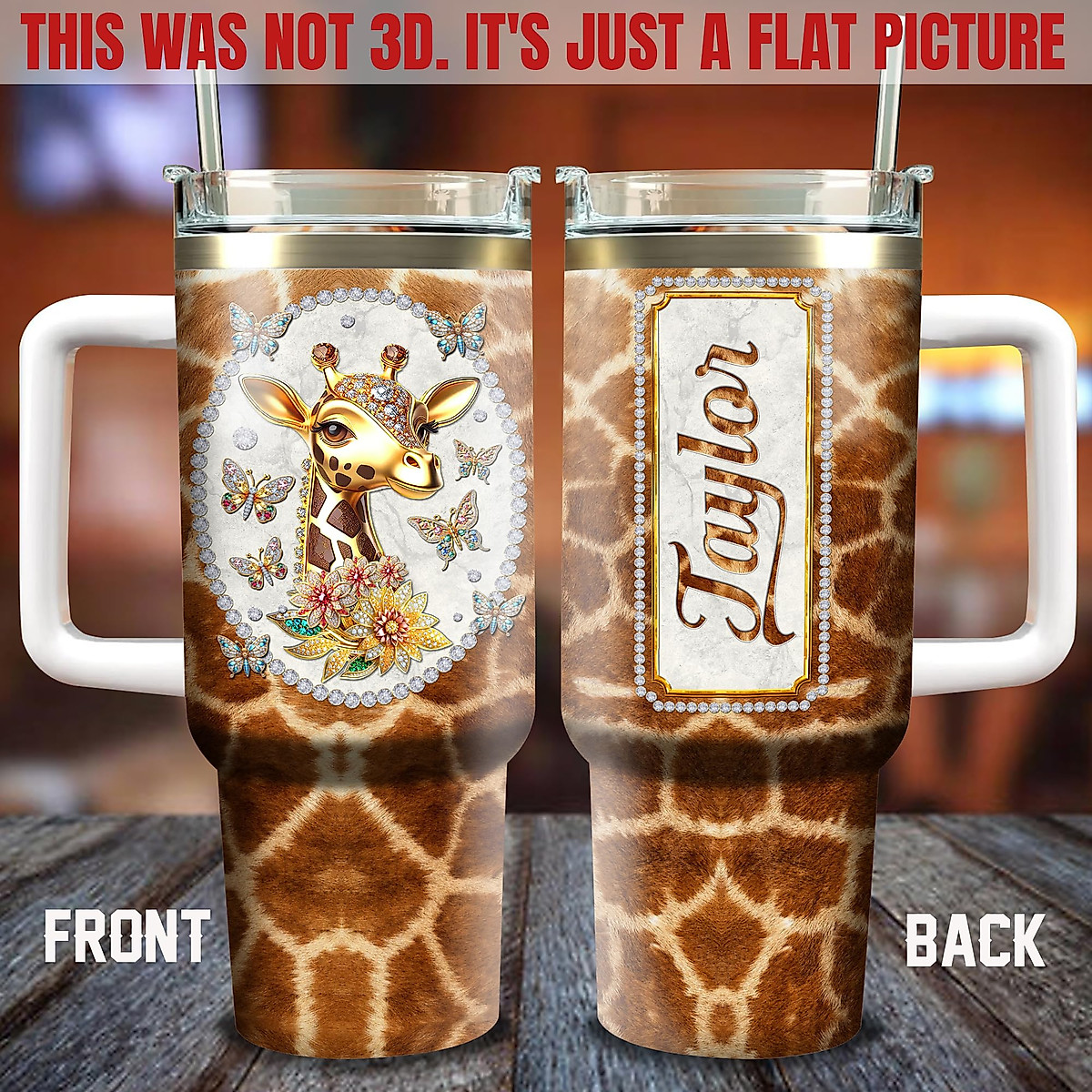 WAZONE Personalized Giraffe Lover Tumbler 40oz with Handle and Straw Custom Name Stainless Steel Insulated Travel Coffee Cup With Lid Cute Animal Lover Gifts For Women Girl on Birthday Christmas