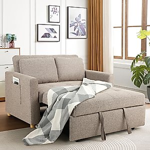 SEJOV 3-in-1 Convertible Sofa Bed, Linen Fabric Sleeper Couch Pull Out Bed, 49" 2-Seater Loveseat Futon Sofa with Spring Support, Adjustable Backrest and Pillows for Small Spaces, Living Room