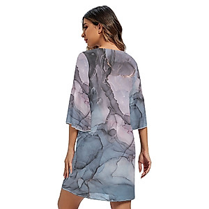 Mixing Acrylic Paints Modern Fluid Alcohol Ink Art Marble Stone Women V Neck Chiffon Dress, Casual Loose Breathable Mini Flowy Shift Dresses, Long Sleeve A Line Dress Sun Dress(L)