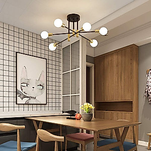 Sputnik Chandelier Modern Ceiling Light Fixture Mid Century Black and Gold Industrial Pendant Light Semi Flush Mount Lighting for Living Room Dining Room Bedroom Kitchen Bar Cafe