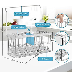 DMJWAN Kitchen Sink Caddy Organizer, 304 Stainless Steel Sponge Holder Sink Caddy for Dish Rags Brush Soap Scrubber with Auto Drain Tray