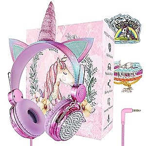 lalacosy Kids Headphones,Wired Headsets with Gifts Packing Include Sticker&Bracelet for Girls,Built-in Mic&On/Over Ear HD Stereo for Online Study/School/Tablet with Nylon Cable