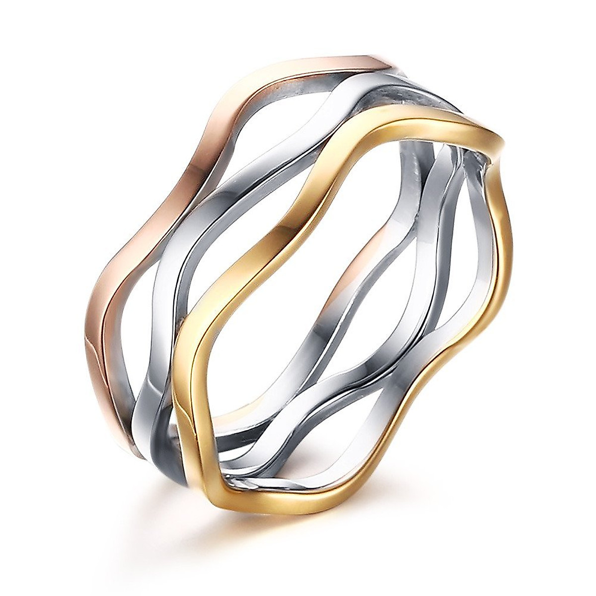 VNOX Womens Girls Stainless Steel Tri-color Wave Band Ring for Wedding Promise Engagement,Size 9