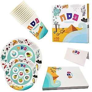 Passover Disposable Seder Plate Set - Ten Plagues Design - 9" and 7" Plates, Cups, Napkins, and Place Cards, 120 Piece Set, Serves 24 People