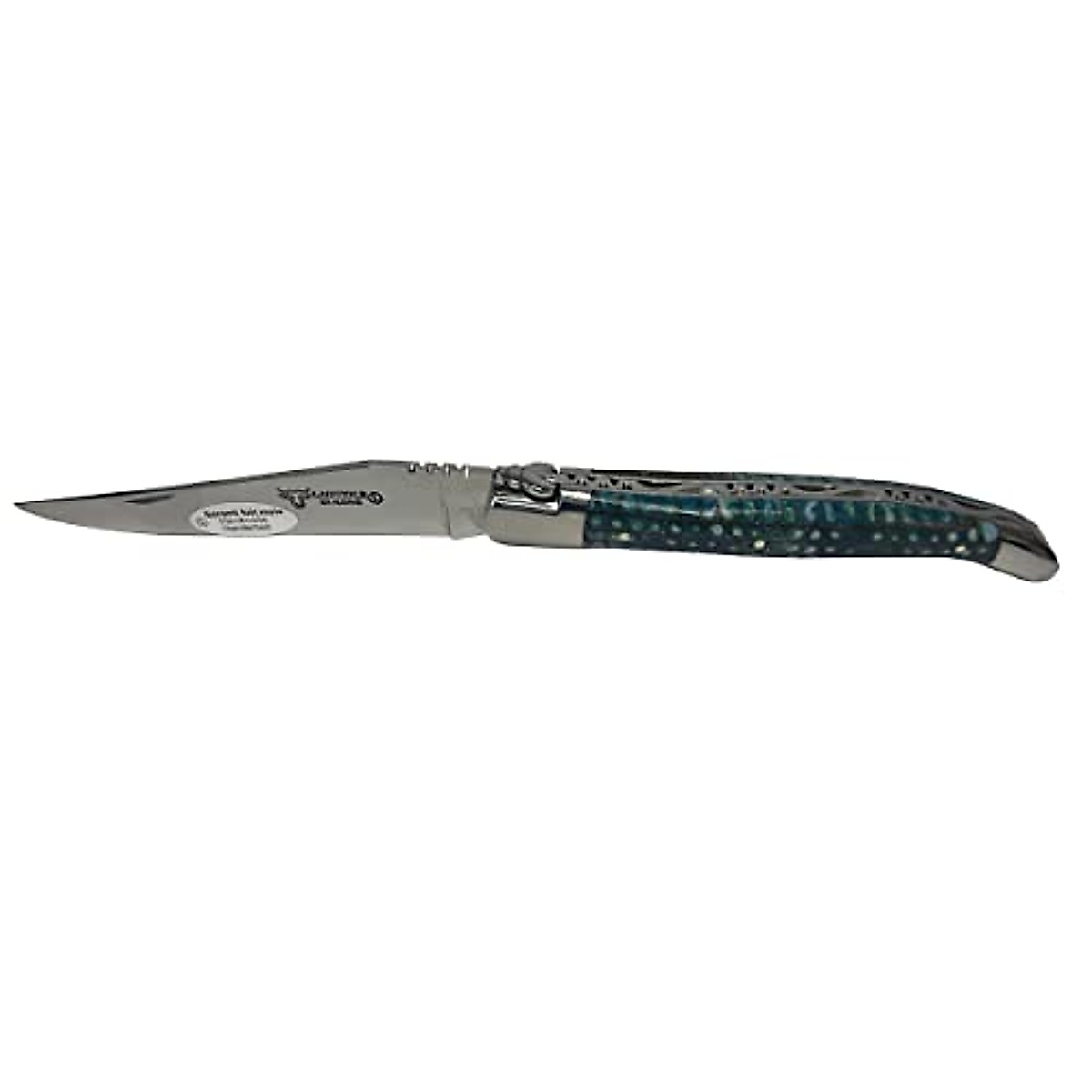 Laguiole en Aubrac Handmade Luxury Folding Pocket Knife, 4.8-in (12cm), Turquoise & Black Paper Waves Handle, Hand Forged Bee, Stainless Steel Shiny Bolsters