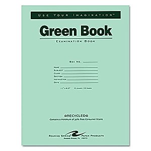 Roaring Spring 77509 Green Books Exam Books Stapled Wide Rule 11 x 8 1/2 8 Sheets/16 Pages