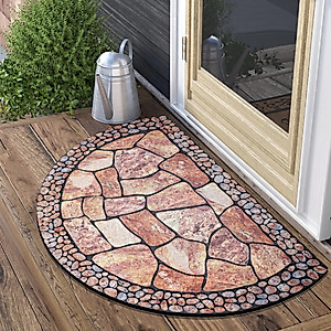 MANO Front Door Mat Outdoor Entrance, Heavy Duty Doormat Half Circle Rug for Outside Entry, Welcome Mat for Indoor Half Round Door Mats with Non Slip Rubber (21" x 33", Cobble)