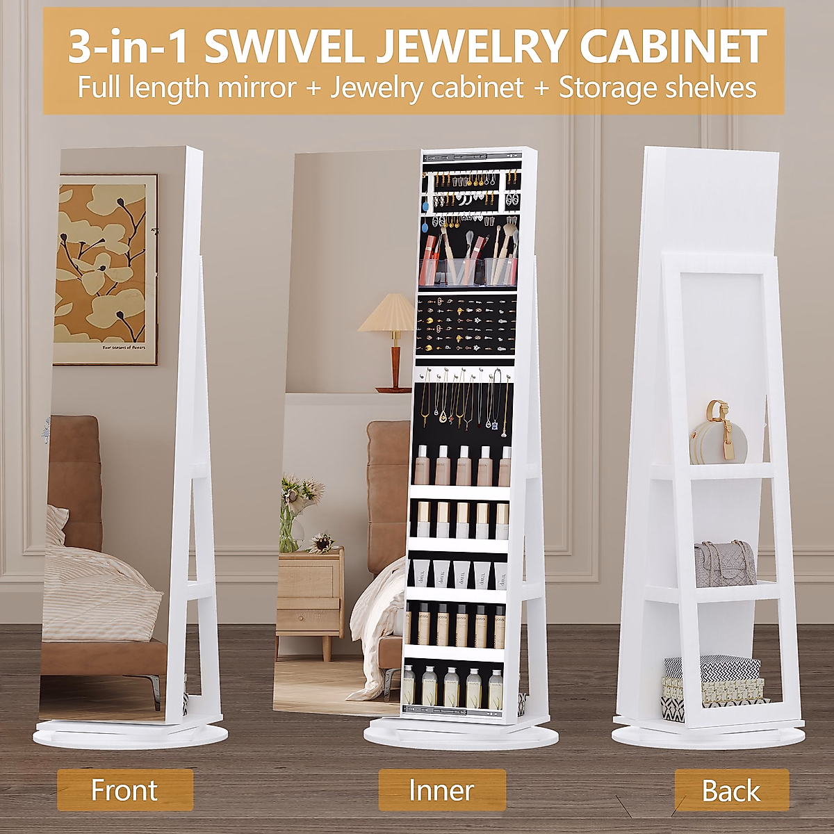 LVSOMT 360° Swivel Jewelry Armoire Cabinet, Full Length Mirror with Jewelry Storage, Standing Jewelry Armoire Organizer with Mirror, Rotatable, Large Capacity (White)
