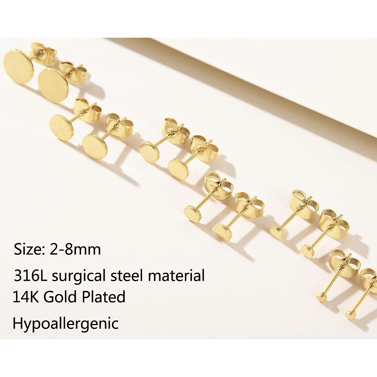 Unisex 6 Pairs Dot Stud Earrings, Surgical Steel Gold Plated Tiny Flat Disc Stud Earrings for Women (Gold-2/3/4/5/6/8mm)