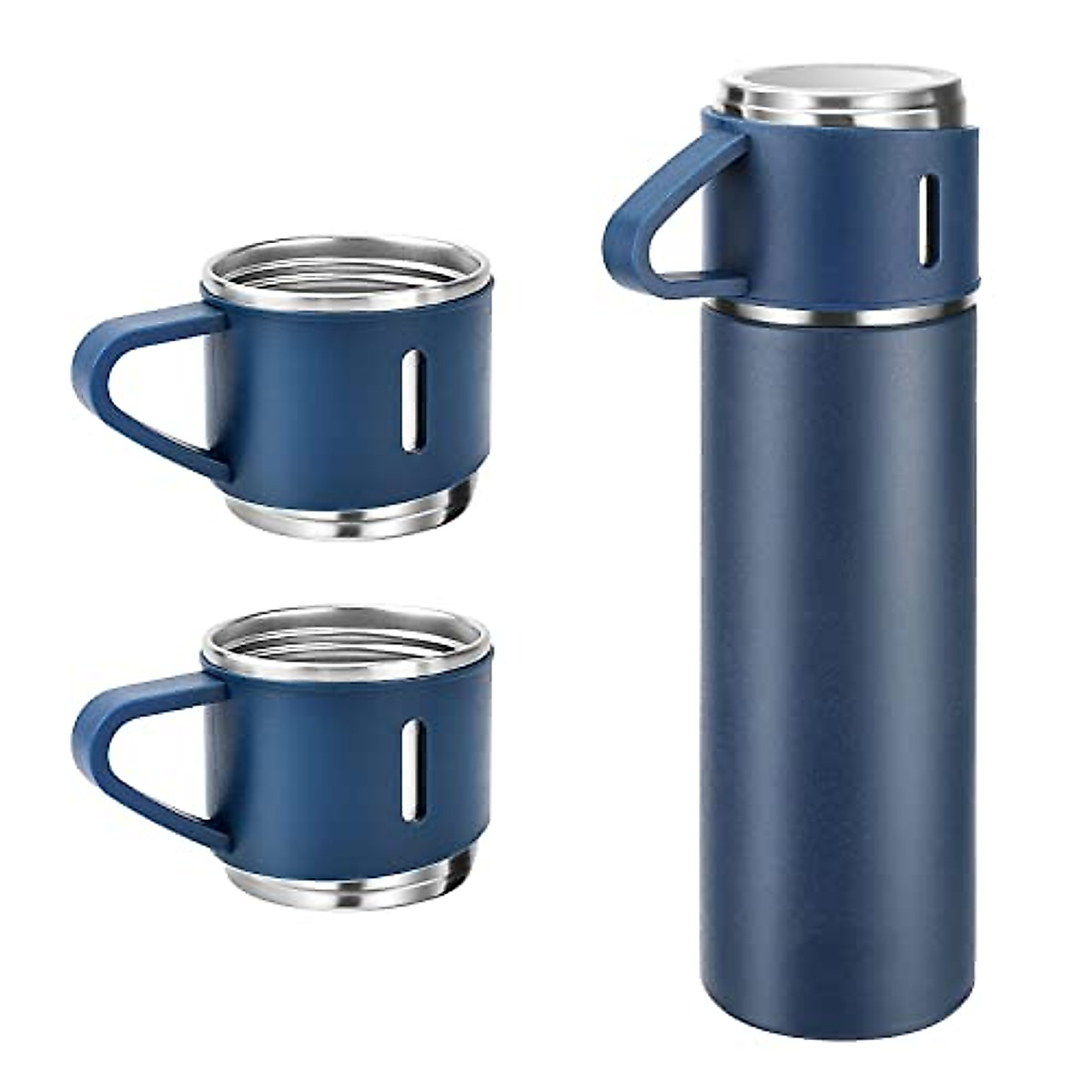 Coffee Thermos Stainless Steel Vacuum-Insulated Water Bottle, 500ml/16.9oz Insulated Bottle with Cup for Hot & Cold Drink Travel Mug (Blue, Three Cup)