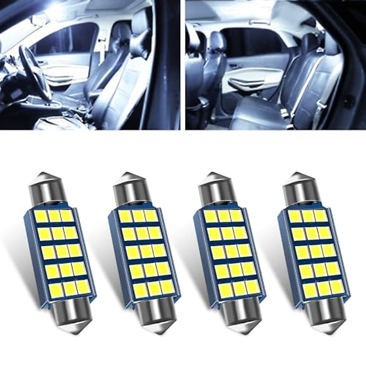 Ajxn 4 PCS Car 42mm 2835 Double-pointed Light, High Brightness 360 Degree Surround Reading License Plate Light, Plug and Play High Performance Bulb Replacement, Universal for Most Cars (White)