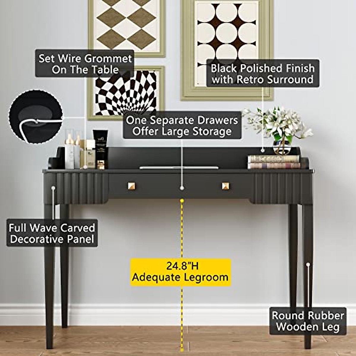 ukorua White Vanity Desk Wooden Desk with Drawer Modern Desk Computer Desk White Makeup Table with Gold Handle (Black)