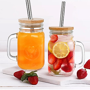 Hacaroa 4 Pack Glass Mason Jar Cups with Bamboo Lid and Straw, 16 Oz Regular Mouth Mason Mugs Drinking Glasses with Handle, Reusable Smoothie Cups for Cold Juice, Beverage, Coffee, Clear