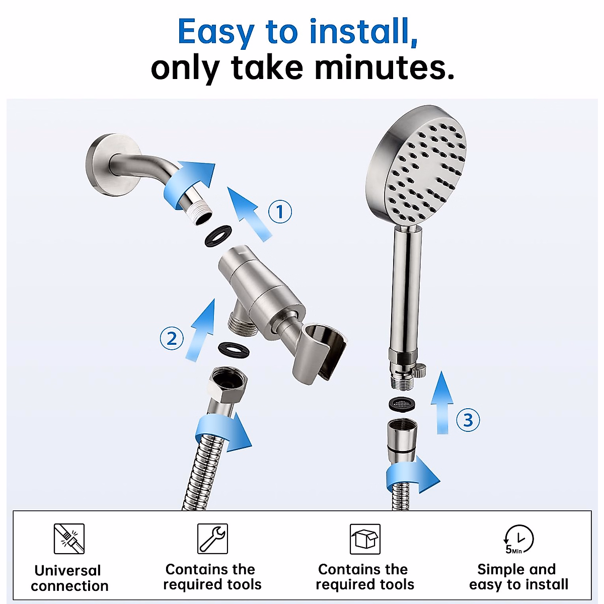 Solid Metal Brushed Nickel Handheld Shower Head With Extra Long Stainless Steel Hose & Brass Holder,Equipped with Flow Valve to Control Water Pressure, Hotel Quality